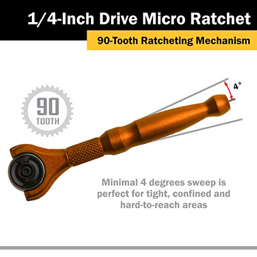 Titan 11322 1/4-Inch Drive x 4-Inch 90-Tooth Swivel Head Micro Ratchet - Orange