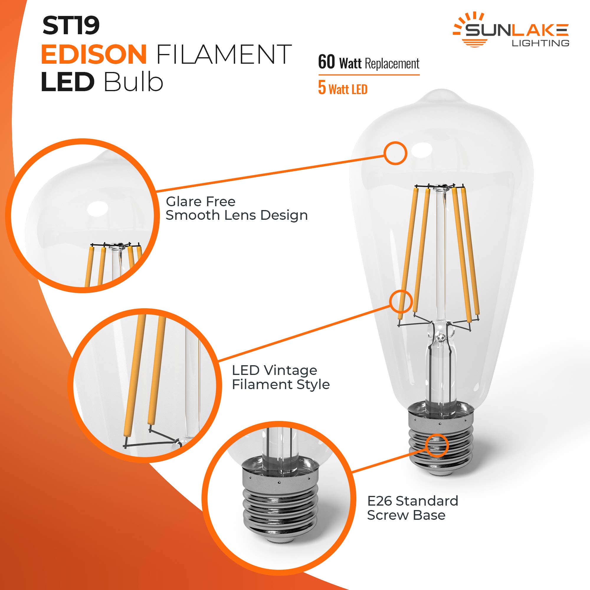 SUNLAKE LIGHTING 10 Pack ST19 (ST64) LED Bulb, Vintage Edison Filament ST64 Style Bulb, Dimmable, Wet Rated Waterproof, 5W=60W, 2700K Soft White, 500 LM, E26 Base, Restaurant or Outdoor String Lights