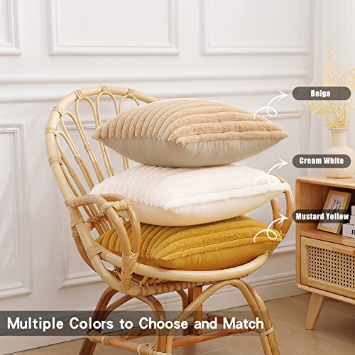 Pallene Faux Fur Plush Throw Pillow Covers 18x18 Set of 2 - Luxury Soft Fluffy Striped Decorative Pillow Covers for Sofa, Couch, Living Room - Cream White