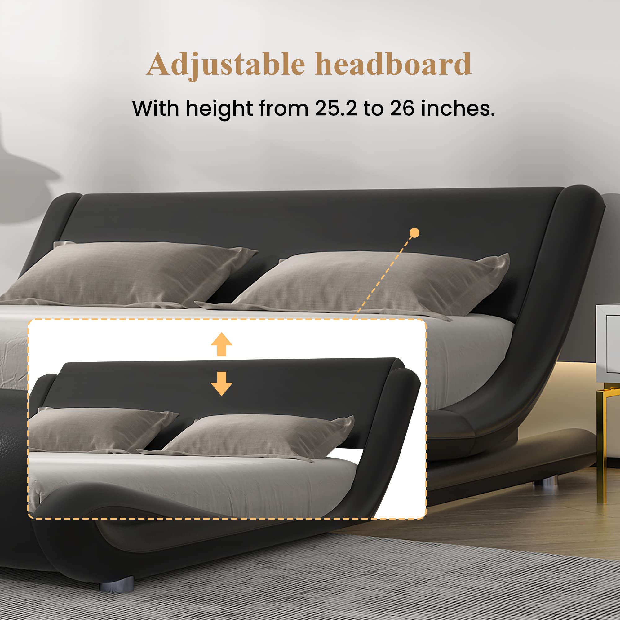 SHA CERLIN King Size Bed Frame Luxury Wave-Like Modern Upholstered Low Profile Platform Bed, Faux Leather Sleigh Bed with Adjustable Headboard, No Box Spring Needed, Black