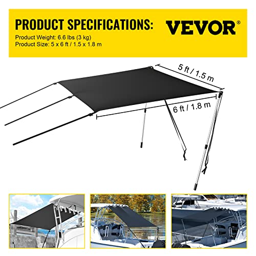 VEVOR T-Top Sun Shade Kit 6' x 5', UV-Proof 600D Polyester T-top Extension Kit with Rustproof Steel Telescopic Poles, Waterproof T-Top Shade Kit, Easy to Assemble for T-Tops & Bimini Top