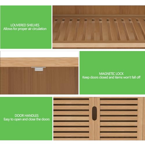 Purbambo Bamboo Bathroom Storage Cabinet with 2 Doors, Bathroom Floor Freestanding Cabinets Organizer for Living Room, Kitchen, Entryway