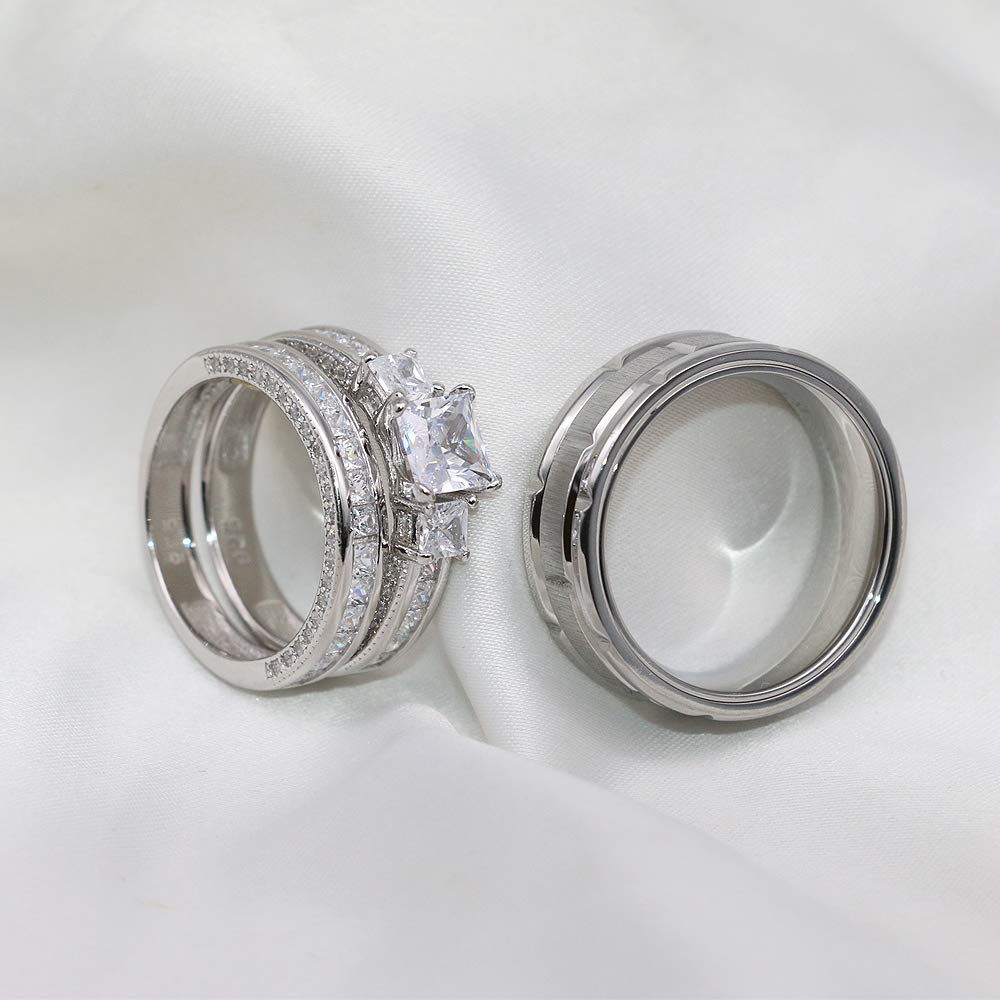 TWO RINGS Wedding Ring Sets His And Hers Promise Ring Couples Bridal Sets Women 925 Sterling Silver square Cz Man Stainless Steel Brushed Finished Wedding Bands