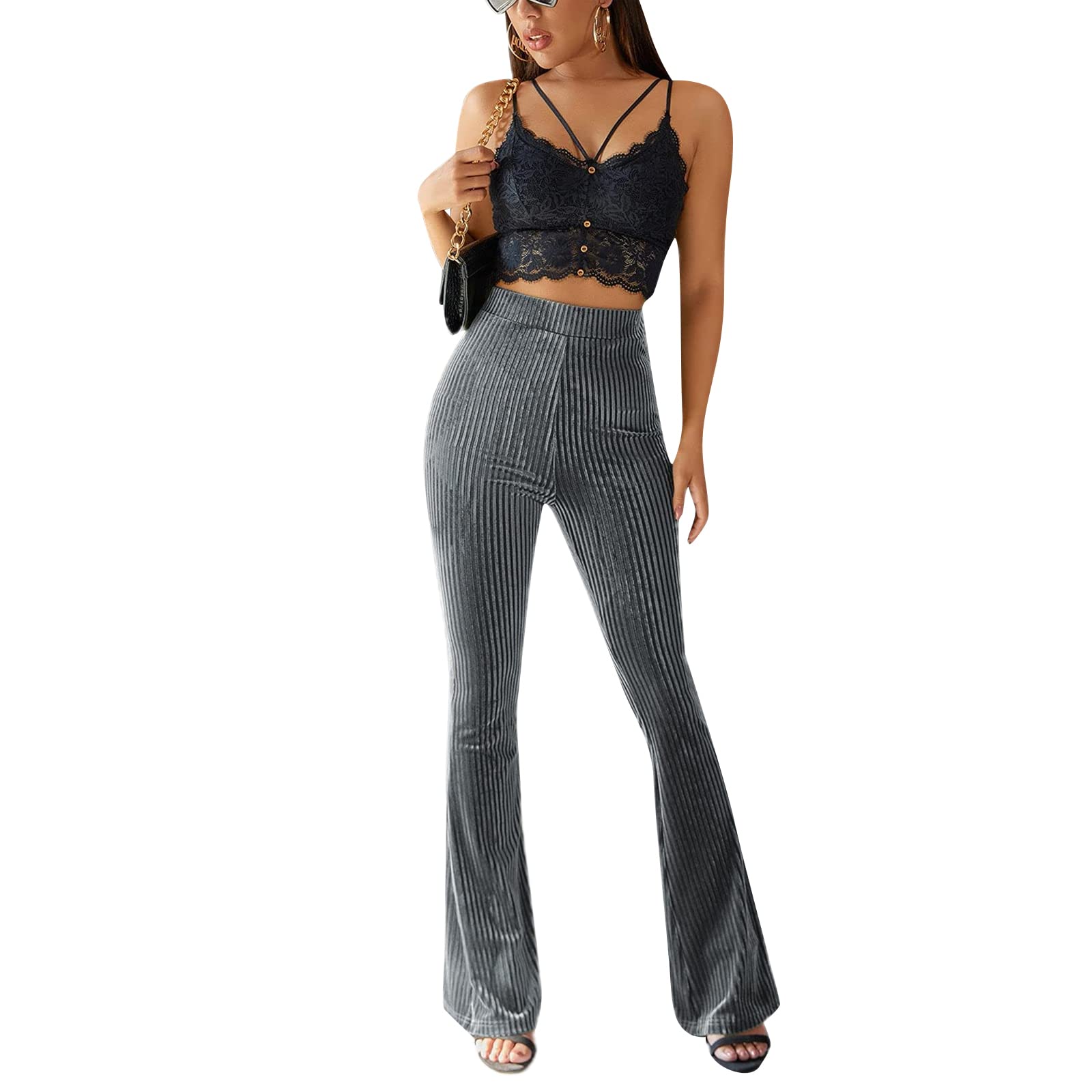 YILYFD Velvet Flare Pants for Women Gothic Elastic High Waisted Courdoroy Disco Bell Bottom Pants Bootcut Yoga Palazzo Long Trousers (Dark Grey, M)