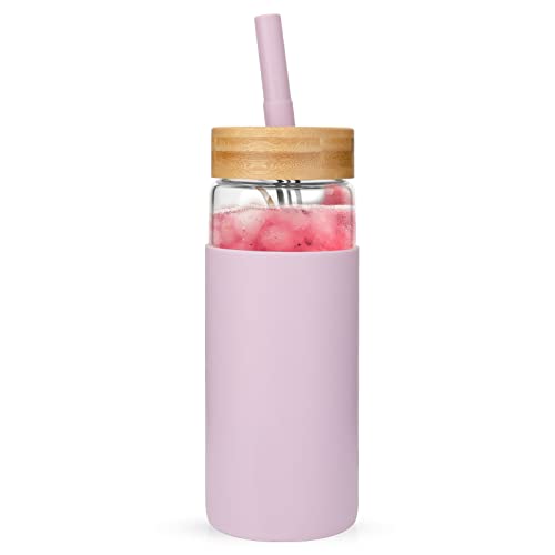 Tronco 20oz Glass Water Bottle with Bamboo Lid, Reusable Glass Water Tumbler with Straw and Silicone Sleeve, Glass Boba Cup,Leak Proof, BPA Free,Dishwasher Safe