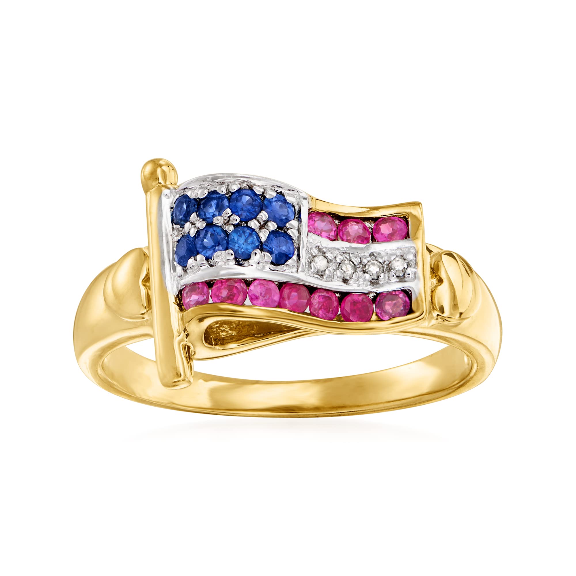 Ross-Simons 0.20 ct. t.w. Ruby and .16 ct. t.w. Sapphire American Flag Ring With Diamond Accents in 18kt Gold Over Sterling. Size 6
