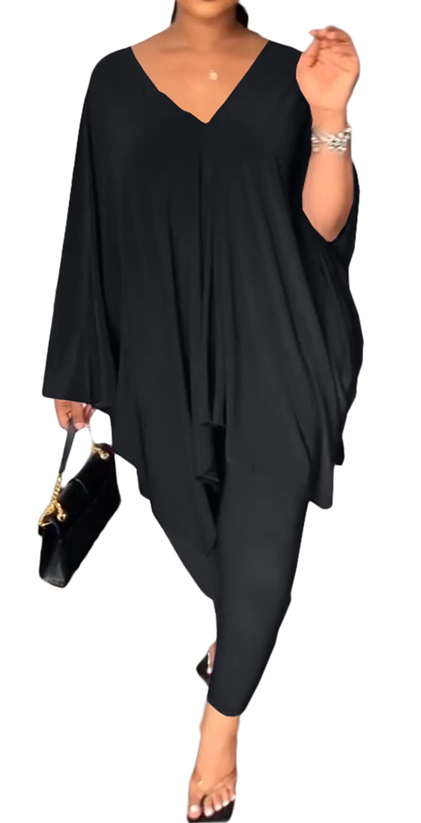 Women’s Casual 2 Piece Outfits Solid V Neck Batwing Sleeve Asymmetric Top Tracksuits Set Bodycon Long Pants 2 Piece Loungewear Black Medium