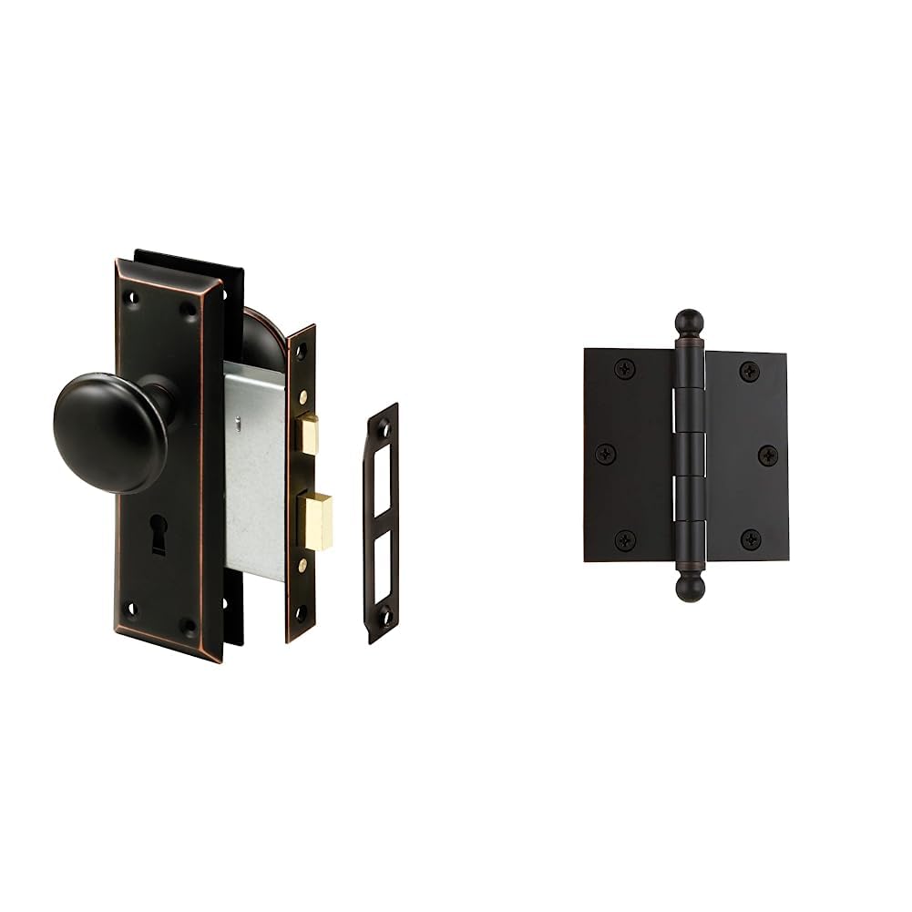 Prime-Line E 2495 Mortise Keyed Lock Set with Knob, Classic Bronze, 3.5" Ball Tips Residential Square Corners Door Hinge, Ideal for Replacing Broken Antique Lock Sets