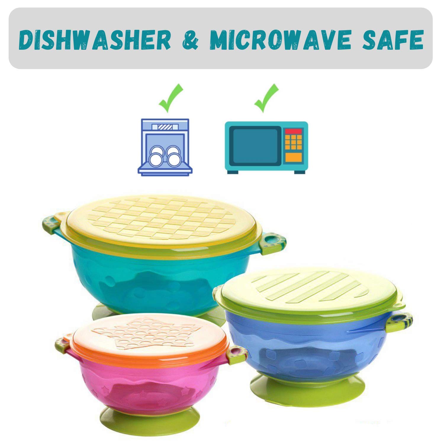 Silikong Suction Bowls for Toddlers, BPA Free, Dishwasher and Microwave Safe. Stay Put Dishes for Kids, Babies and Infants. 3 Pack
