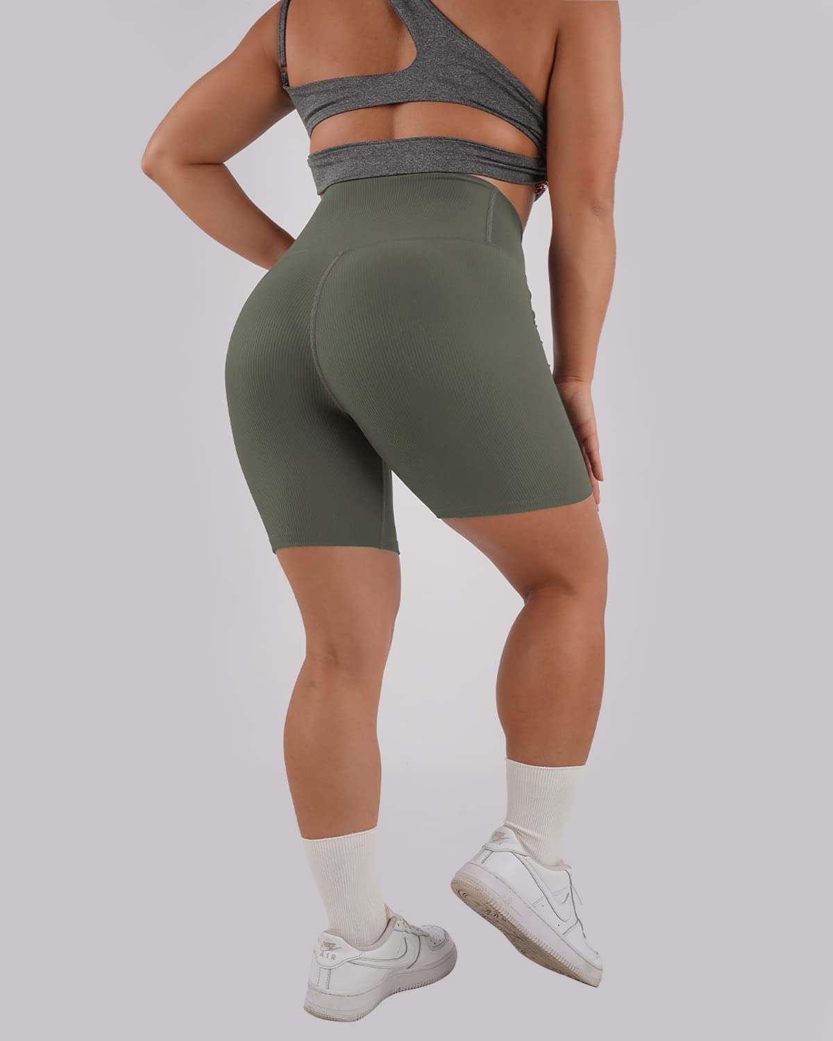 Womens 5" Crossover Workout Shorts High Waisted Ribbed Butt Lift Biker Running Compression Yoga Shorts Black