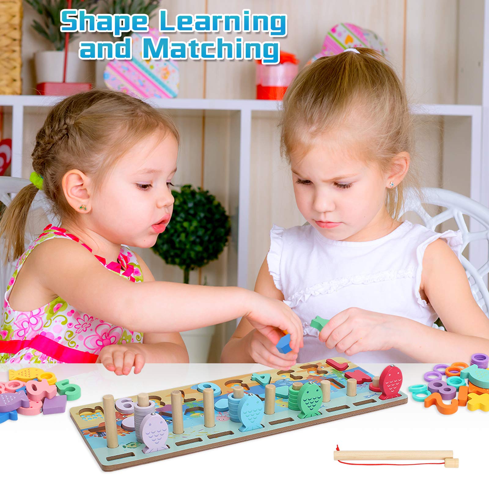 Sitodier Wooden Number Puzzle Sorting Montessori Toy for Toddlers | Shape Puzzle Matching Counting Fishing Game for Ages 2 3 4 5 Years Kids Math Stacking Preschool Educational Learning Activities Toy
