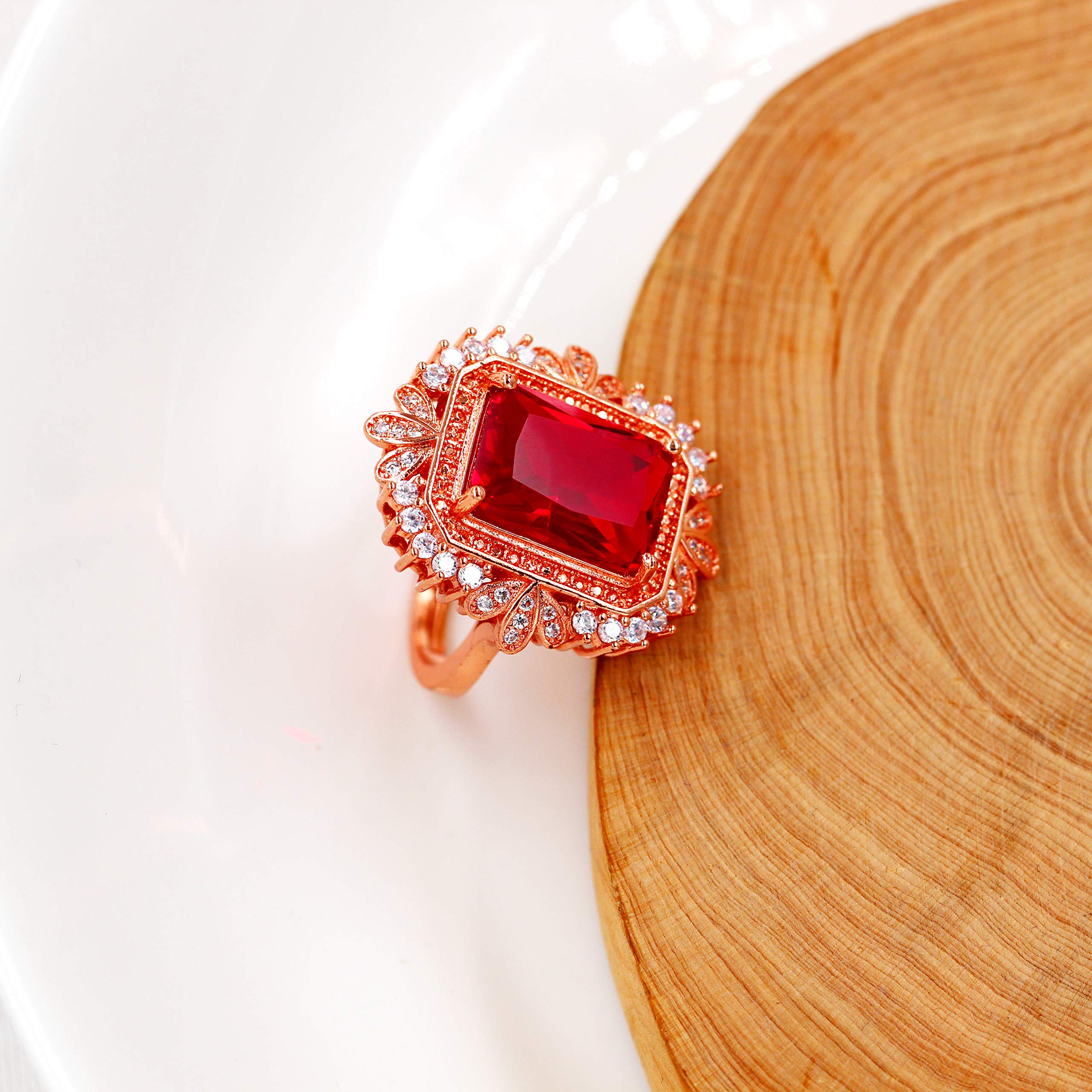 Uloveido Rose Gold Plated Emerald Cut 5 CT Simulated Ruby Ring, Adjustable Red CZ Birthstone Rings Wedding Engagement Rings Women Y988