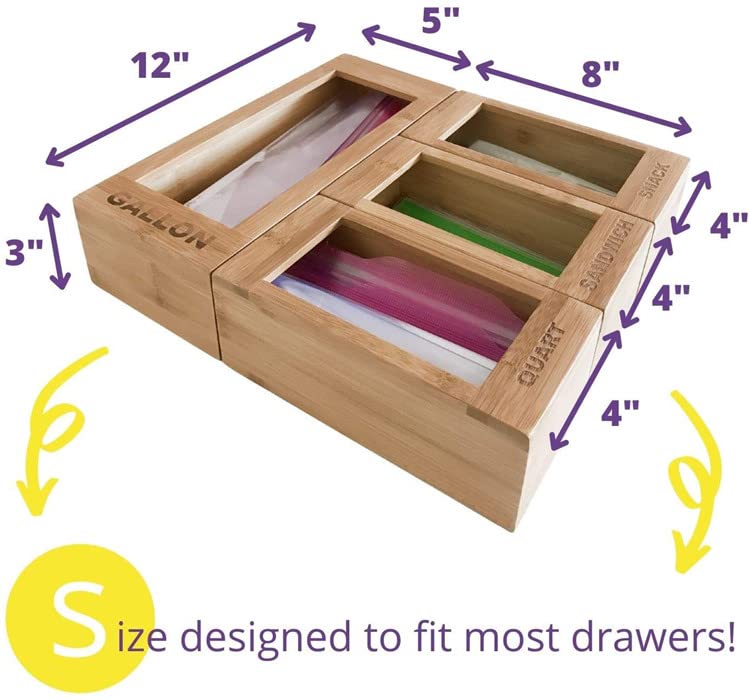 Ziplock Bag Organizer for Kitchen Drawer | Bamboo Food Storage Organizer Set for Ziplock Bags | 4 Pieces: Gallon, Quart, Snack & Sandwich | Compatible with Popular Brands like: Ziplock, Glad,and Hefty