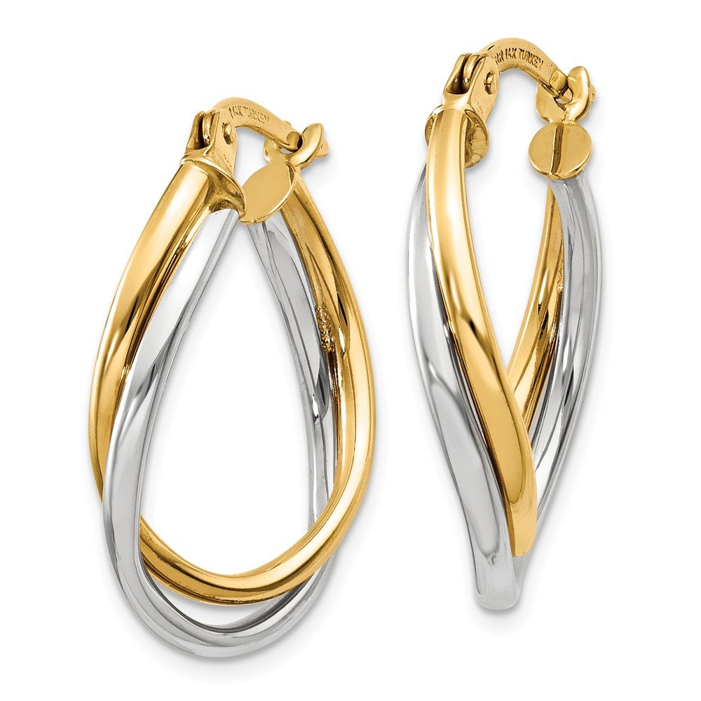 Solid 14k Yellow and White Gold Two Tone Oval Tube Hoop Earrings - 20mm x 4mm