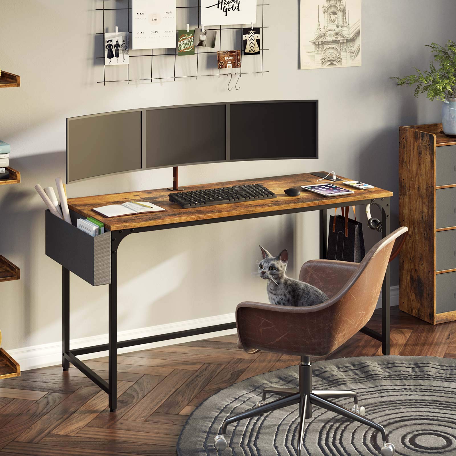 Rolanstar Computer Desk with Power Outlet, 55” Home Office PC Desk with USB Ports Charging Station, Desktop Table with Side Storage Bag and Iron Hooks, Stable Metal Frame Workstation, Rustic Brown