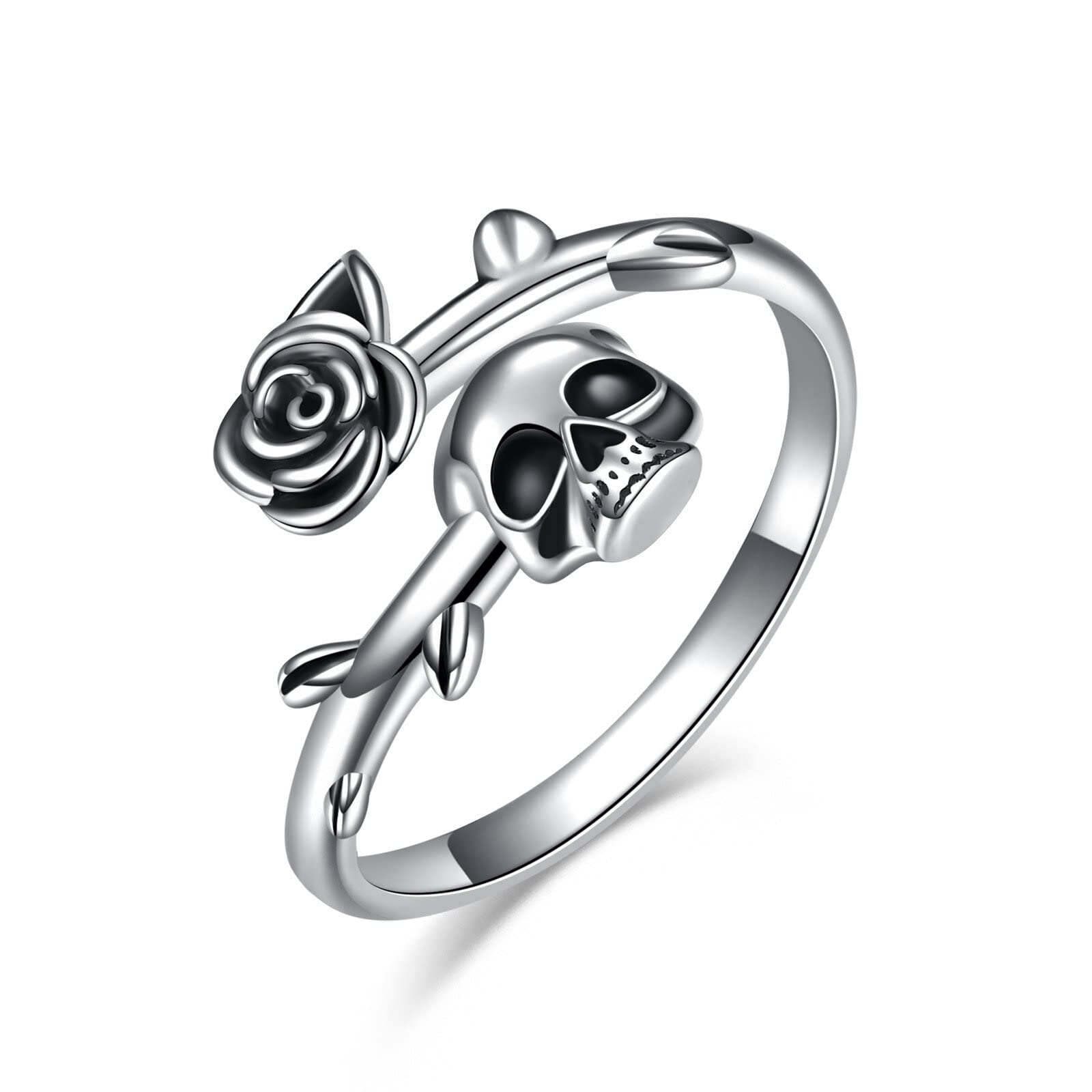 YAFEINI Gothic Skull Ring Open Wrap Rose Flower Skeleton Statement Ring Sterling Silver Retro Vintage Cocktail Party Punk Jewelry for Women Men (10)