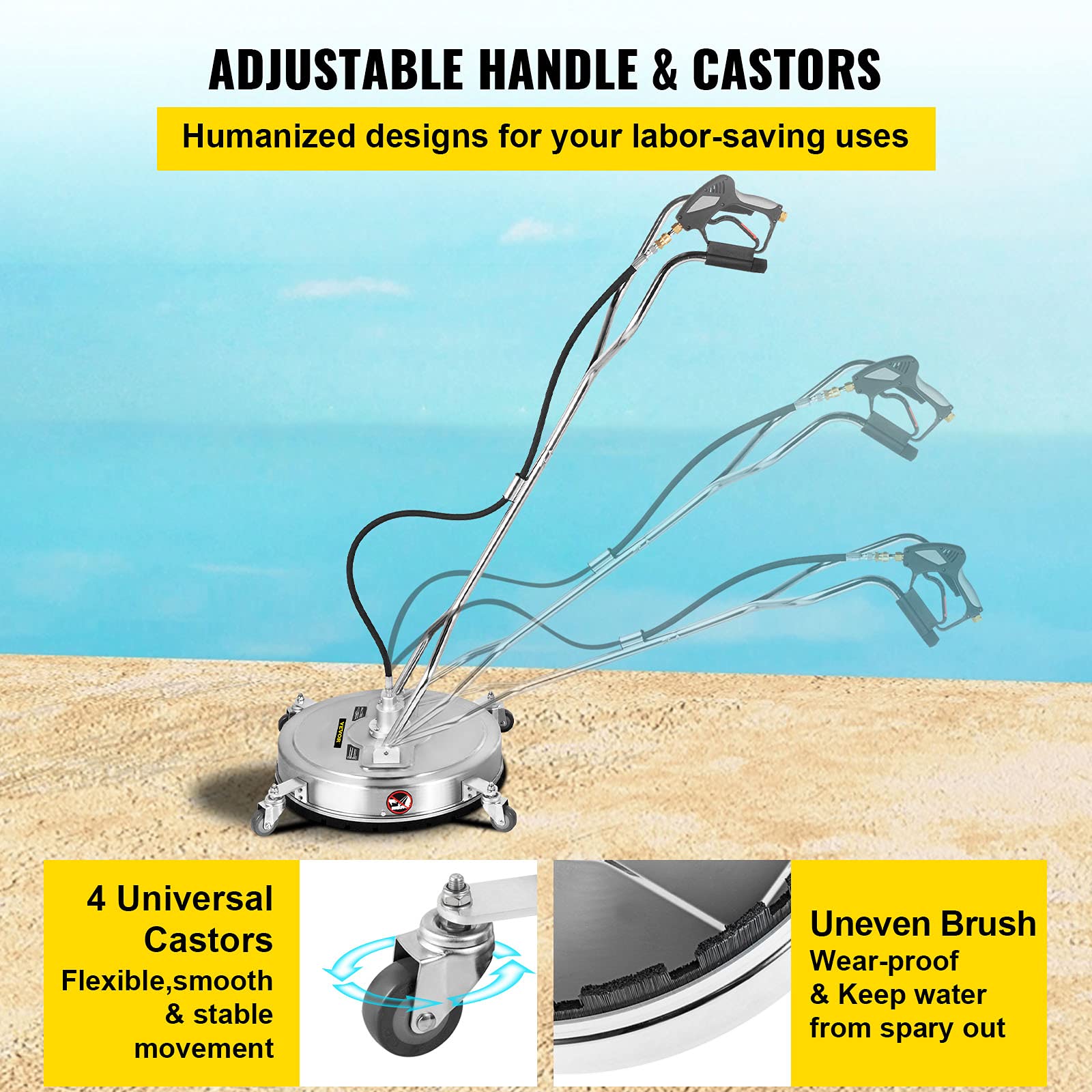 VEVOR 24" Surface Cleaner, 4000PSI Max. Pressure Flat Surface Cleaner, Stainless Steel Rotating Surface Cleaner, Pressure Washer Surface Cleaner w/ 3 Nozzles, Fit for 3/8" Quick Connector, for Patio