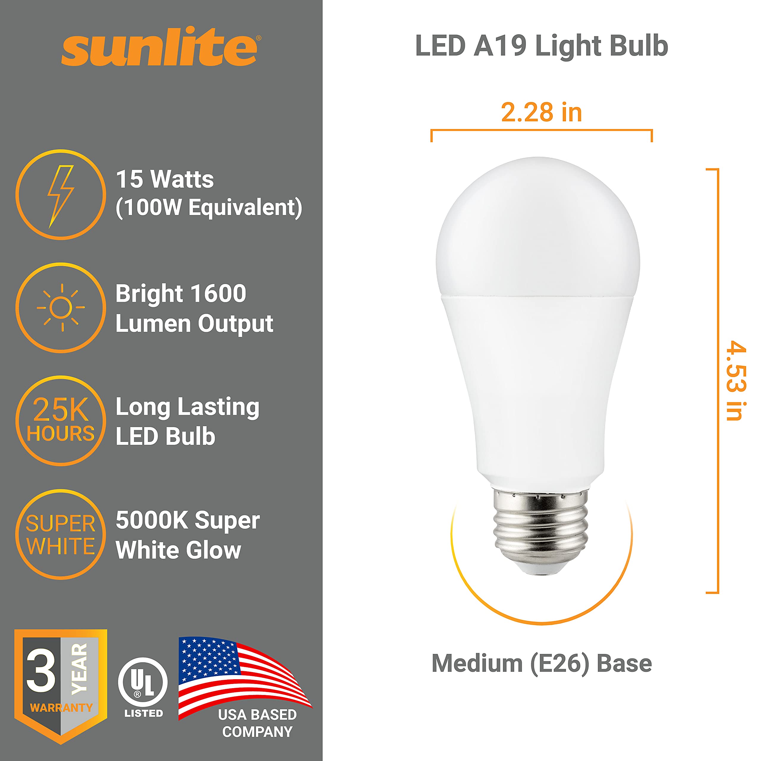 Sunlite 80809 LED A19 Light Bulb, 15 Watts (100W Equivalent), 1600 Lumens, Medium E26 Base, Dimmable, UL Listed, Energy Star, Frost, 5000K Super White, 1 Pack