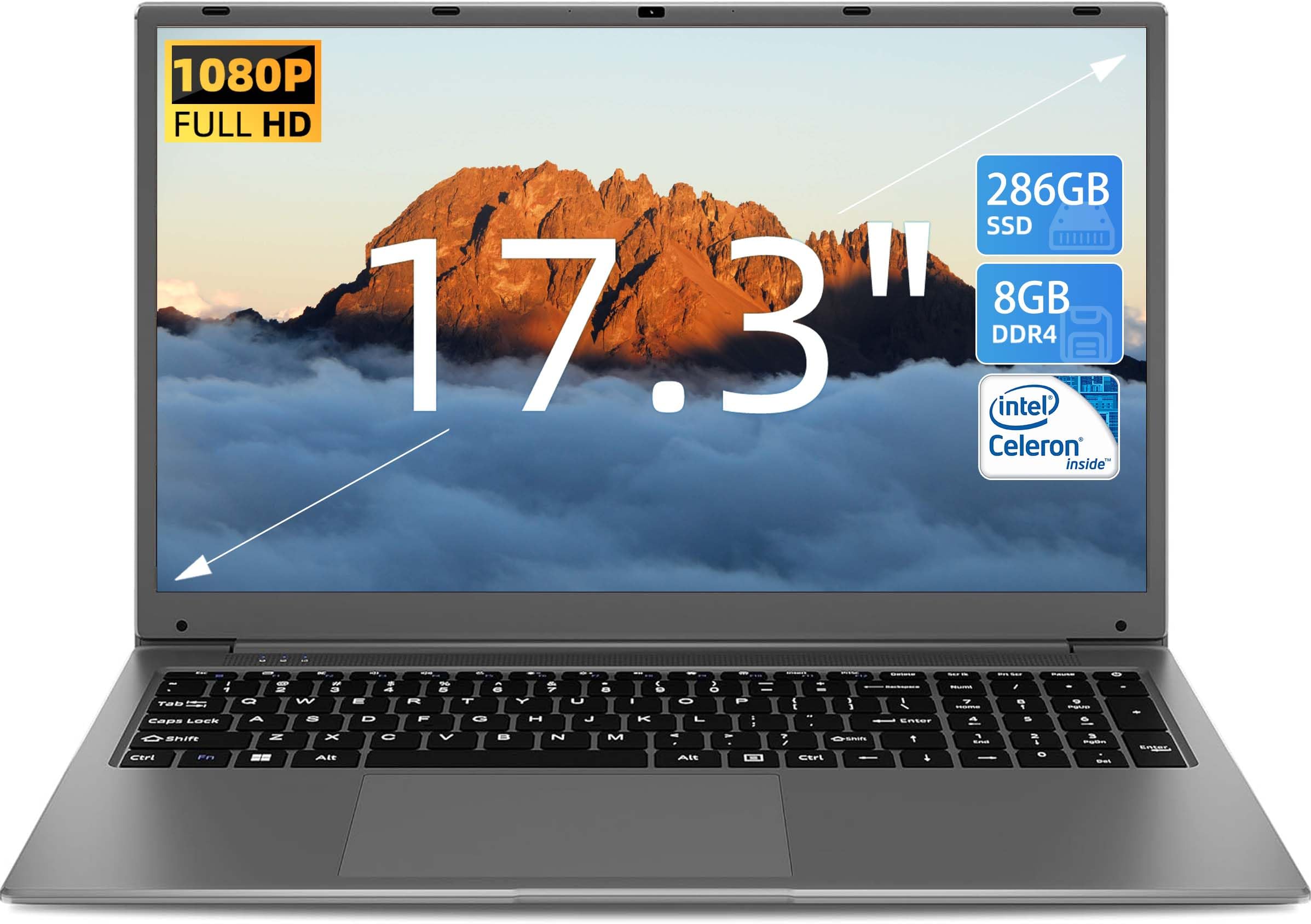 SGIN 17 Laptop, 17.3" FHD IPS Display, 8GB RAM, 256GB SSD, Laptops with Intel Core Quad-Core Processor (Up to 2.8GHz), Mini HDMI, USB 3.0, Bluetooth 4.2, 2.4/5G WiFi