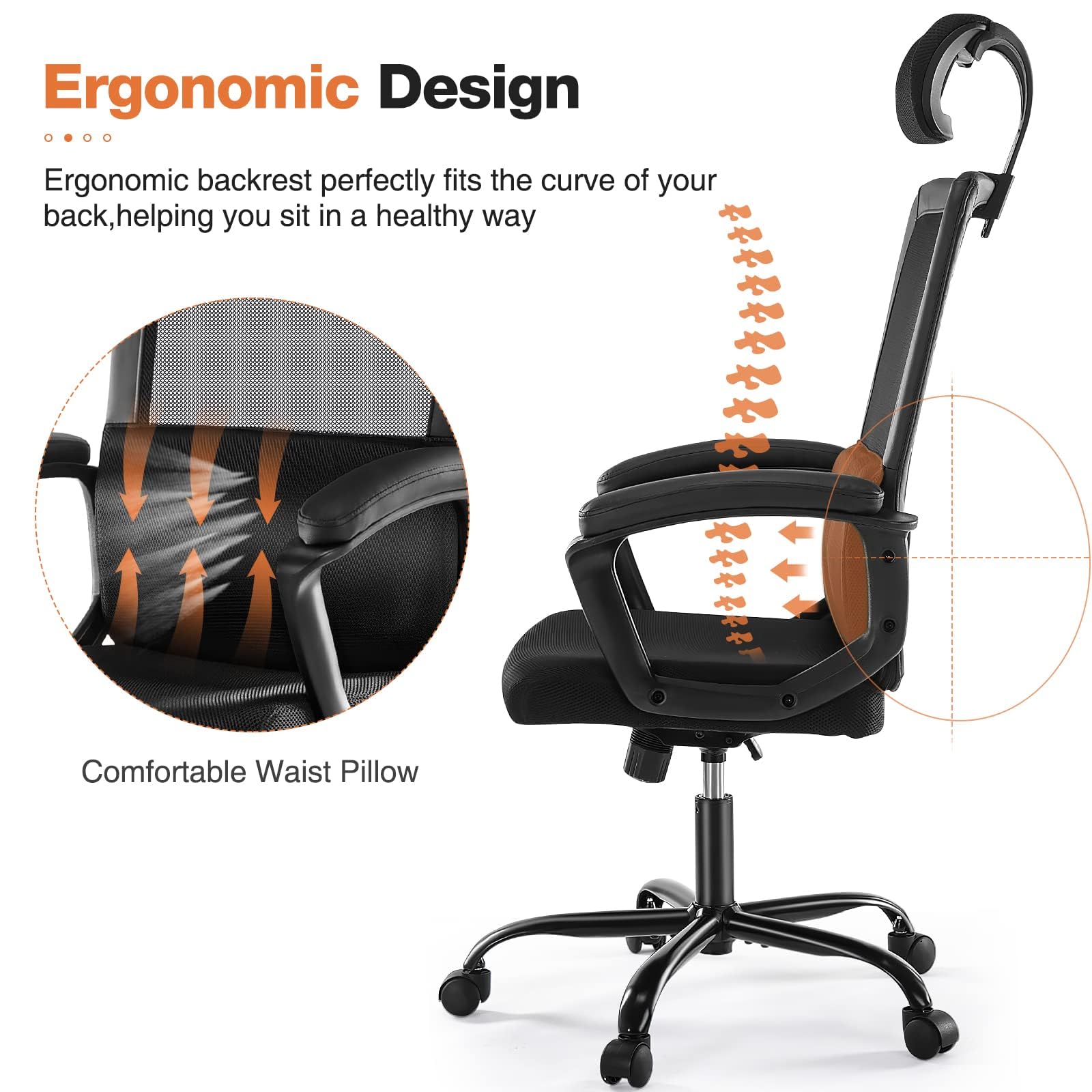 Office Chair - High Back Ergonomic Desk Chair with Adjustable Headrest and Lumbar Support Swivel Rolling Chair Adjustable Height Mesh Chair Study Task Chair for Home Office Room (Black)