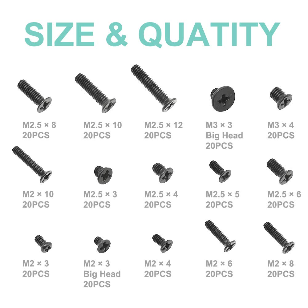QTEATAK 300Pcs Black Laptop Notebook Computer Replacement Screws Kit for Lenovo Toshiba Gateway Samsung HP IBM Dell Sony Acer Asus SSD Hard Disk SATA