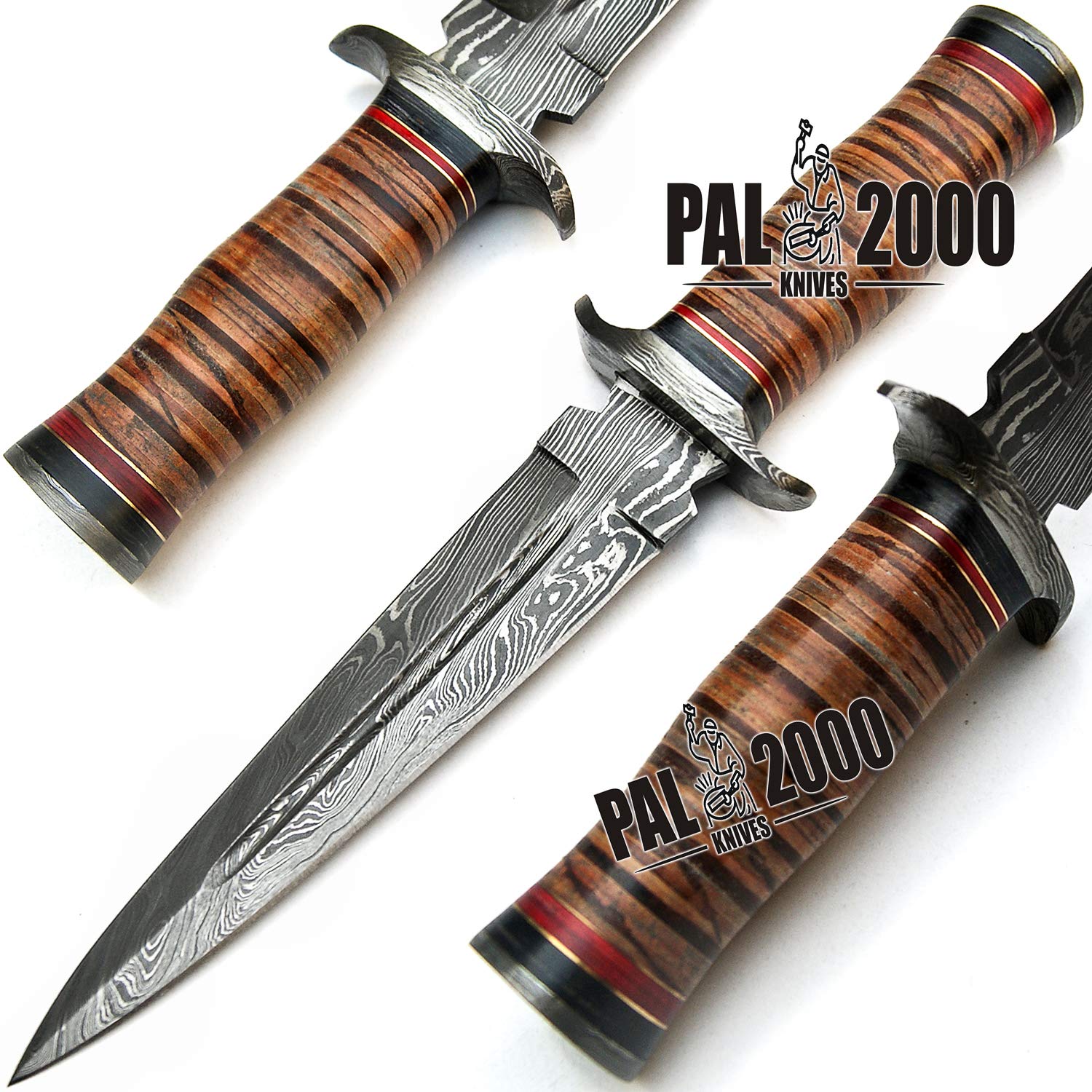 PAL 2000 KNIVES Handmade Damascus Steel Fixed Blade 8 Inch Dagger Hunting Knife 5 Inch Leather Handle - 9276
