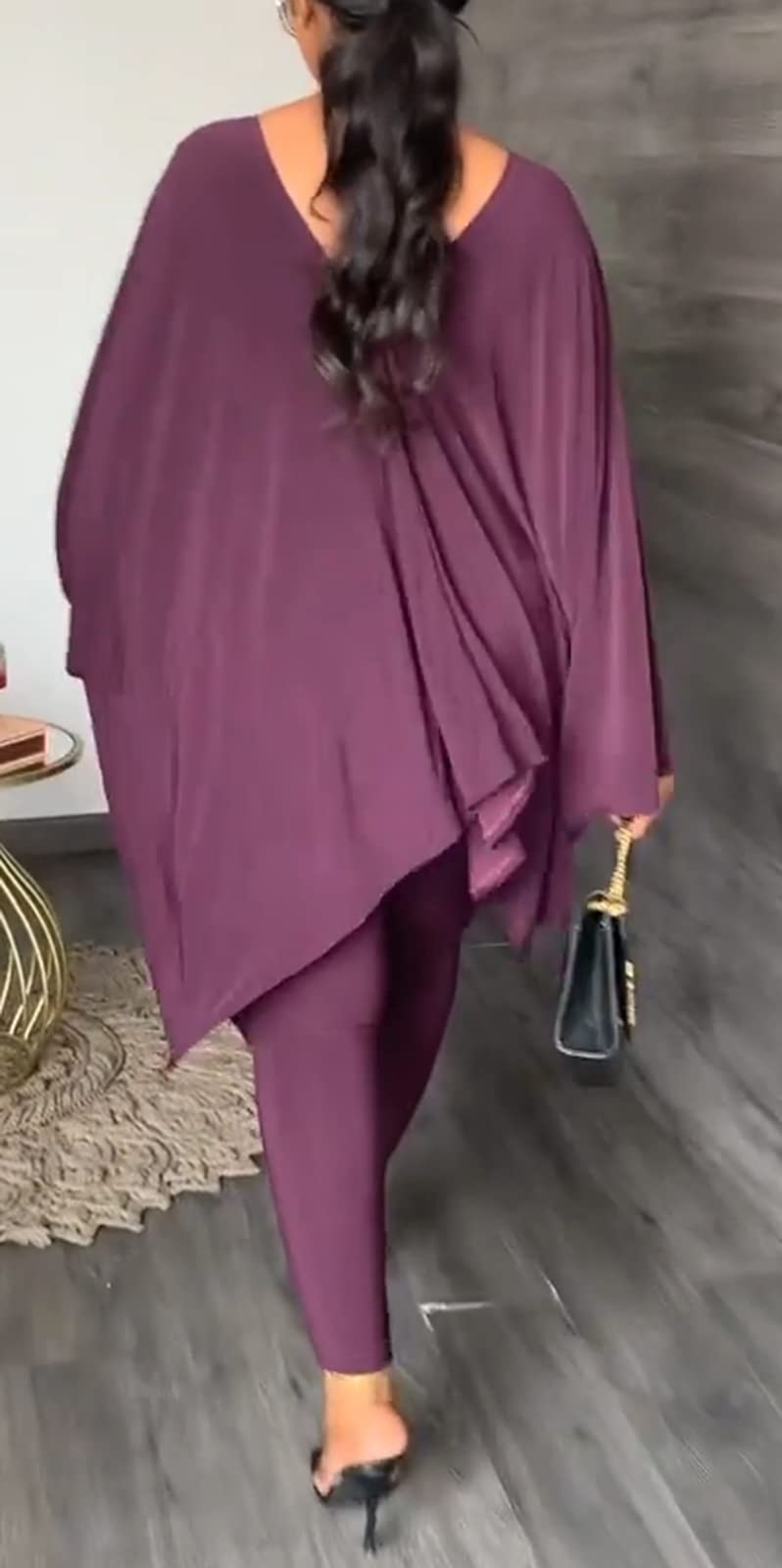 Women’s Casual 2 Piece Outfits Solid V Neck Batwing Sleeve Asymmetric Top Tracksuits Set Bodycon Long Pants 2 Piece Loungewear Purple Large