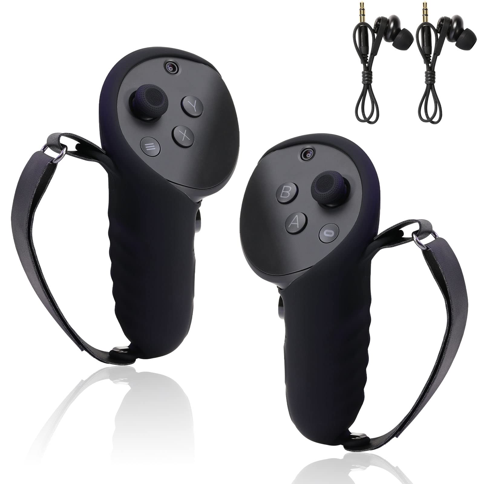 VRbrother Controller Grip Cover Compatible with Meta Quest Pro, Silicone VR Handle Protector Adjustable Wrist Knuckle Strap with VR in-Ear Earphones (Black)