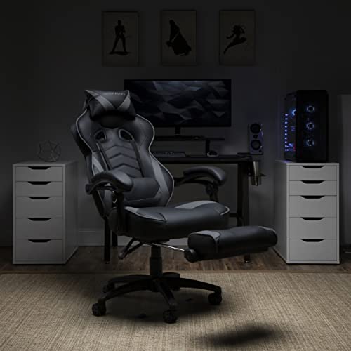 RESPAWN 110 Ergonomic Gaming Chair with Footrest Recliner - Racing Style High Back PC Computer Desk Office Chair - 360 Swivel, Adjustable Lumbar Support, Headrest Pillow, Padded Armrests - 2019 Grey