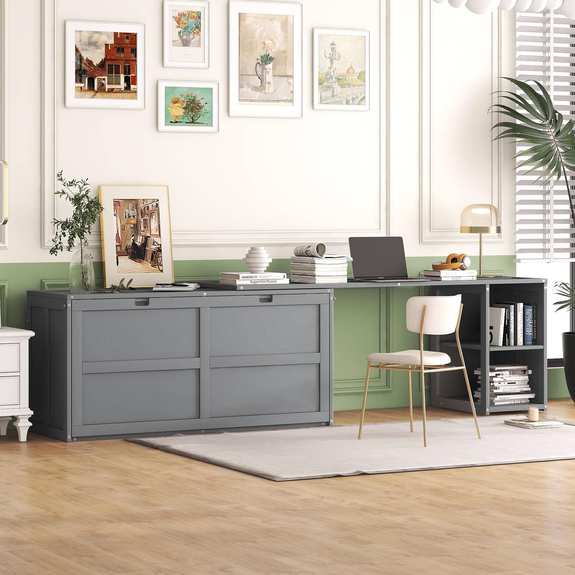 Polibi Queen Size Murphy Bed with Rotable Desk,Queen Wooden Bed Can be Turn into a Storage Cabinet,for Guest Room or Home Office,Gray