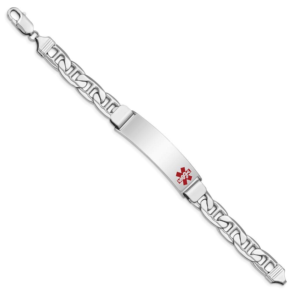 Solid 925 Sterling Silver Enamel RN Registered Nurse Caduceus Symbol Medical ID Emergency Alert Bracelet Anchor Mariner Link Engravable Identification Name Bar Tag - with Secure Lobster Lock Clasp 8"