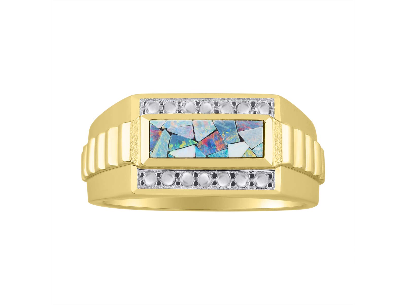 Rylos Exotic Mosaic Opal Designer Style Ring Set in Yellow Gold Plated Silver Size 10