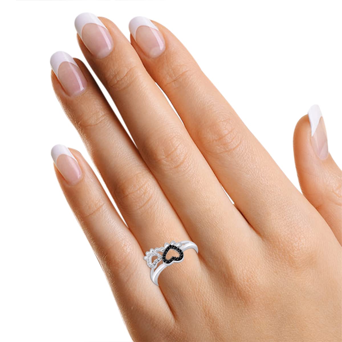 Round Cut White & Black Diamond Paw Print Promise Ring In 14K White Gold Over Sterling Silver (0.10 cttw) Ring Size-7