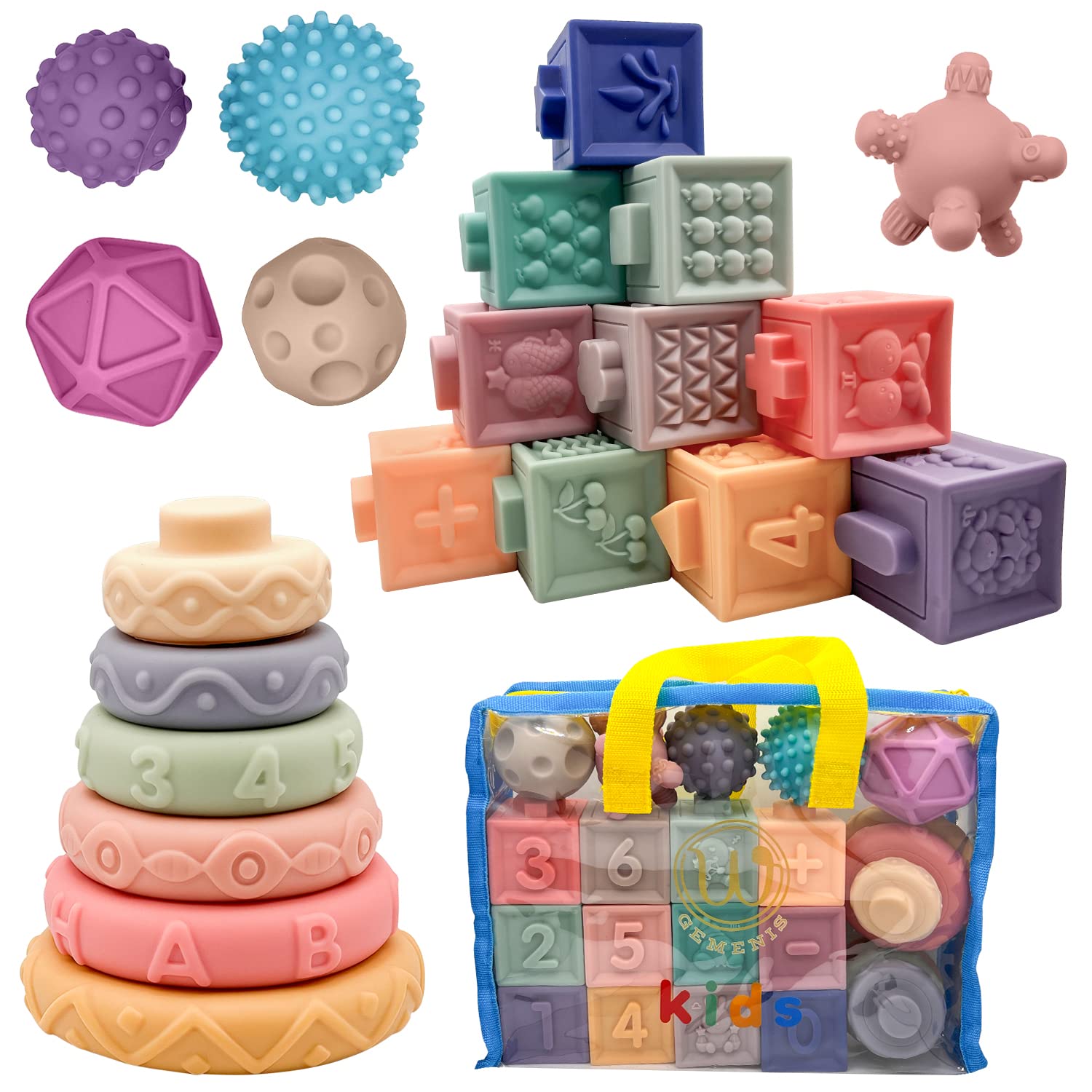 w Gemenis Baby Stacking and Nesting Toy Set β Soft Stack Rings, Educational Building Blocks, and Sensory Balls Squeeze and Learning Toys for Teething β Gift Ideas for Kids