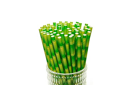 YEHAM 100 Pc 2 Colors Biodegradable Bamboo Print Paper Drinking Straws for Juices Shakes Birthday Wedding Party Supplies