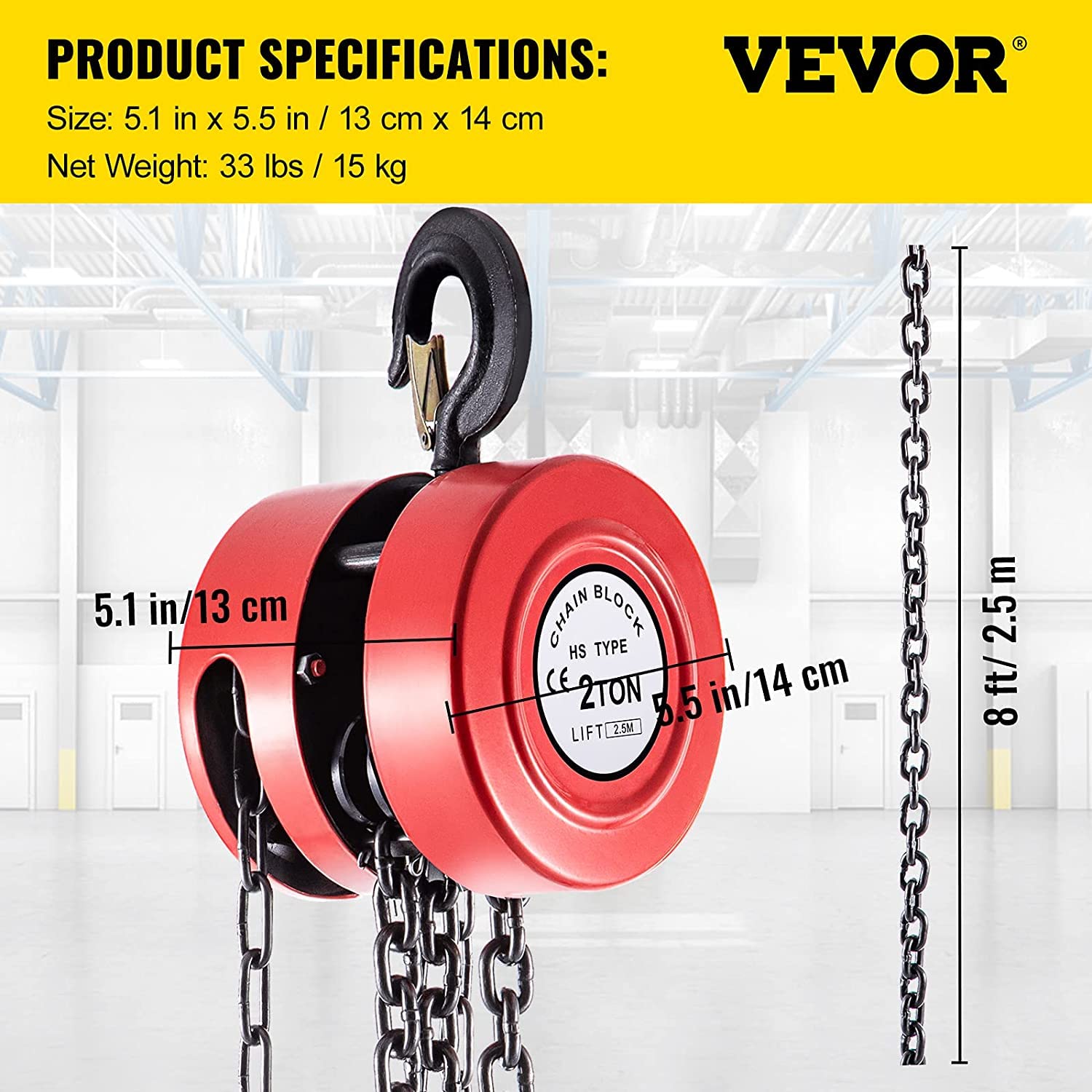 VEVOR Hand Chain Hoist, 4400 lbs /2 Ton Capacity Chain Block, 8ft/2.5m Lift Manual Hand Chain Block, Manual Hoist w/Industrial-Grade Steel Construction for Lifting Good in Transport & Workshop, Red