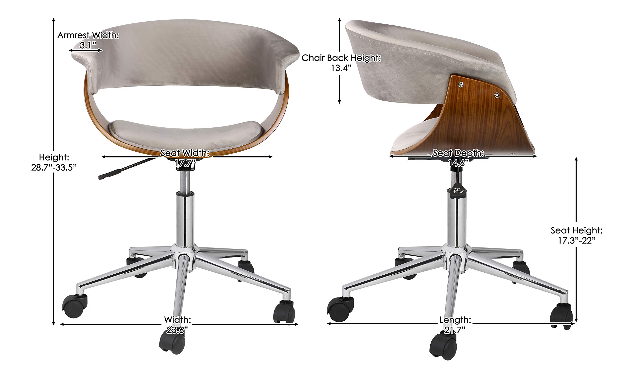 Porthos Home Isla Adjustable Office Chair With 360° Swivel, Suede Upholstery And 5-star Chrome Base With Roller Caster Wheels, Suitable for Studios And Small Offices