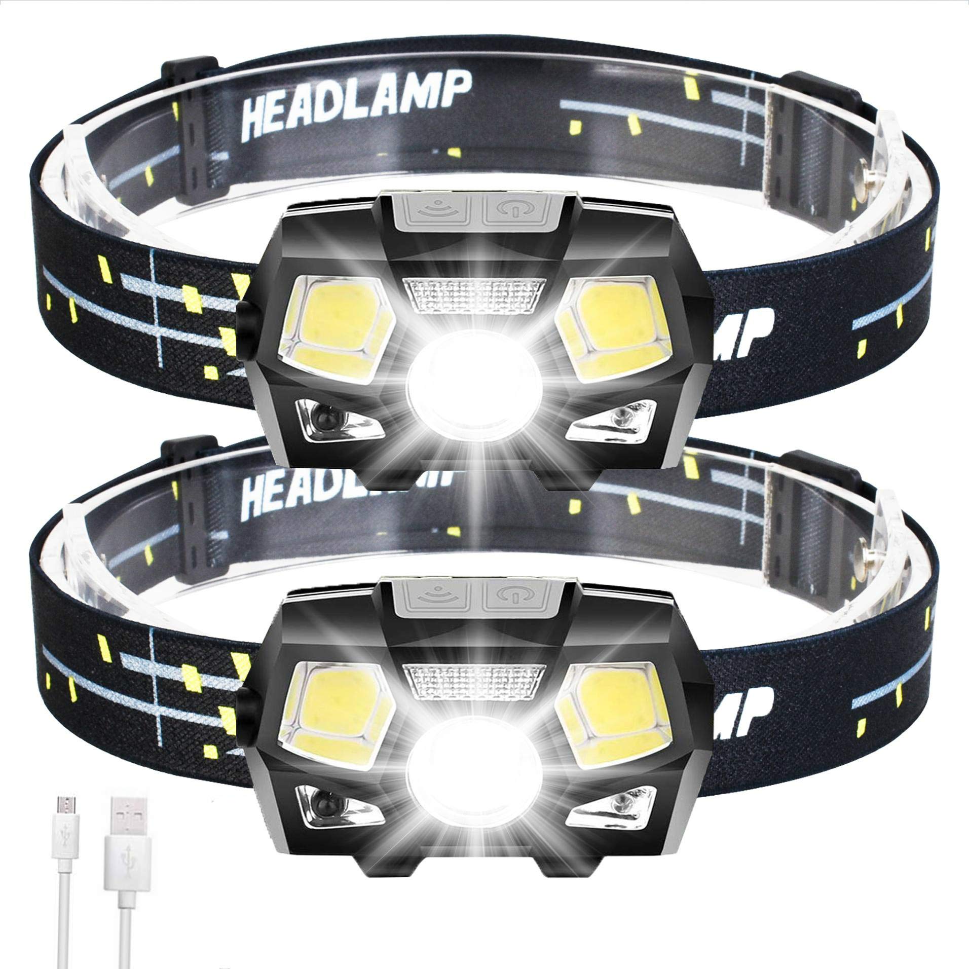 SHOWNEW 2 Packs Rechargeable Headlamp Flashlight, 800 Lumens Head Lamp Headlight with Red Light Motion Sensor for Adults Kids, 5 Lighting Modes Waterproof for Running Hiking Camping Fishing