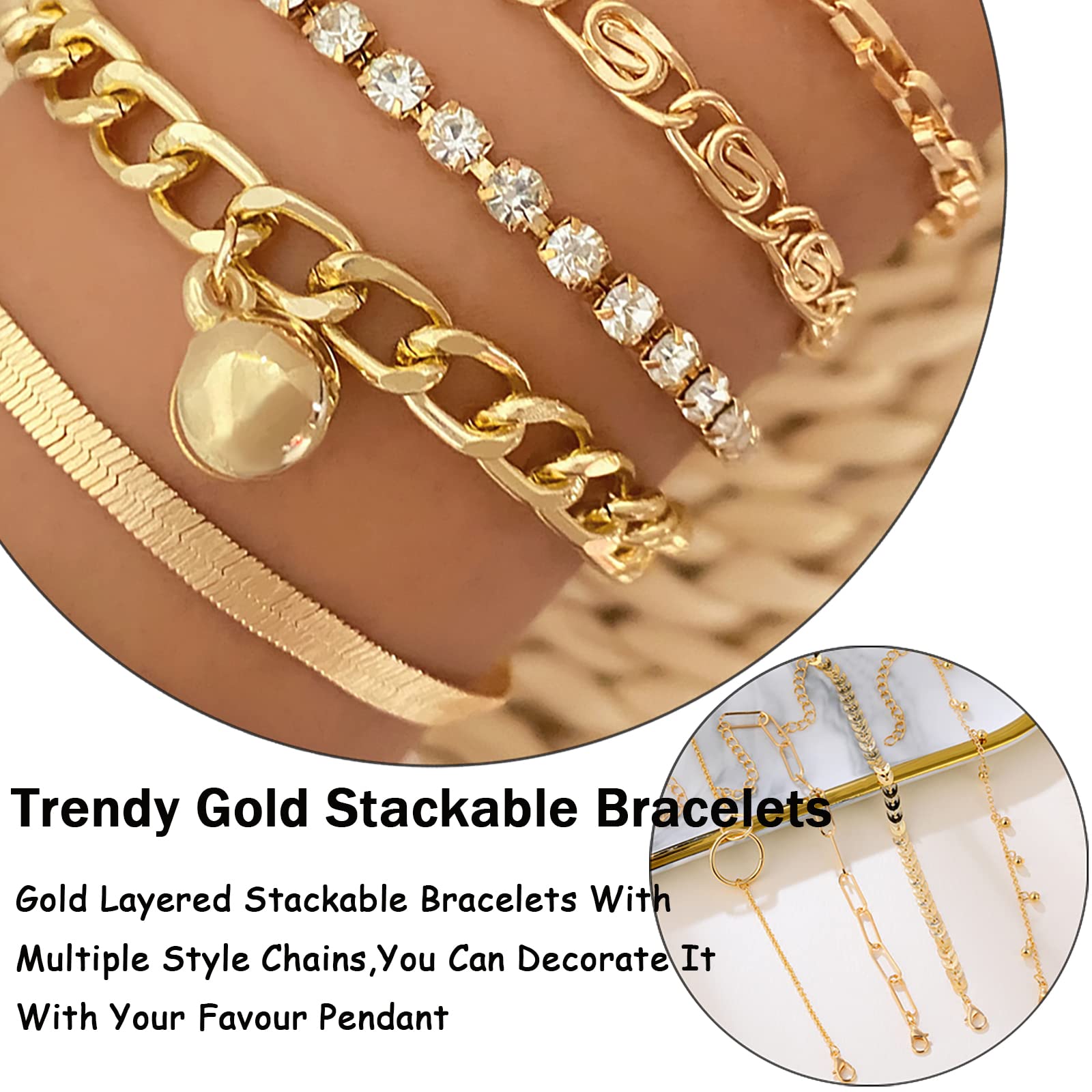 ZOVOLI 16-24PCS Dainty Gold Plated Chain Bracelets for Women Chunky Layered Stackable Snakebone Chain Boho Punk Adjustable Cuban Link Trendy Pearl Heart Bear Charm Paperclip Chain (16pcs)