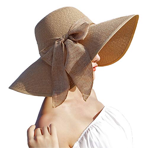 sxxkuxuan Women's Wide Brim Sunscreen Straw hat Floppy Disk Foldable roll up Beach Sunhat (5.5 inches-Khaki)