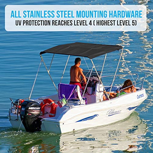 SereneLife Waterproof Boat Bimini Top Cover-61-66'W 3 Bow Bimini Top Canvas Sun Shade Boat Canopy-1' Double Wall Aluminum Frame Tube,2 Straps 2 Rear Support Poles,Storage Boot-SLBT3BK661(Black)