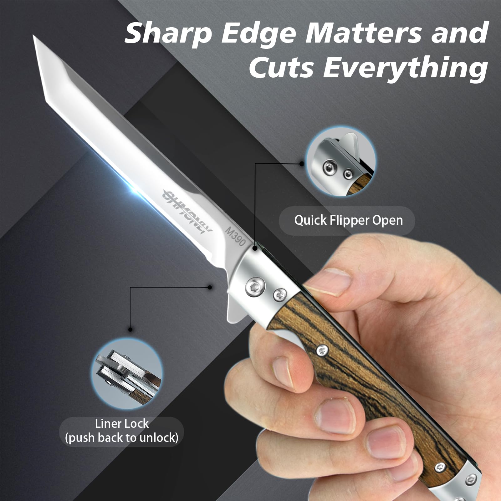 ohmonlyhoo Pocket Knife for Men, 3.5 inch Folding Knife with Wooden Handle and Leather Sheath, Edc Tanto Knife for Men and Women