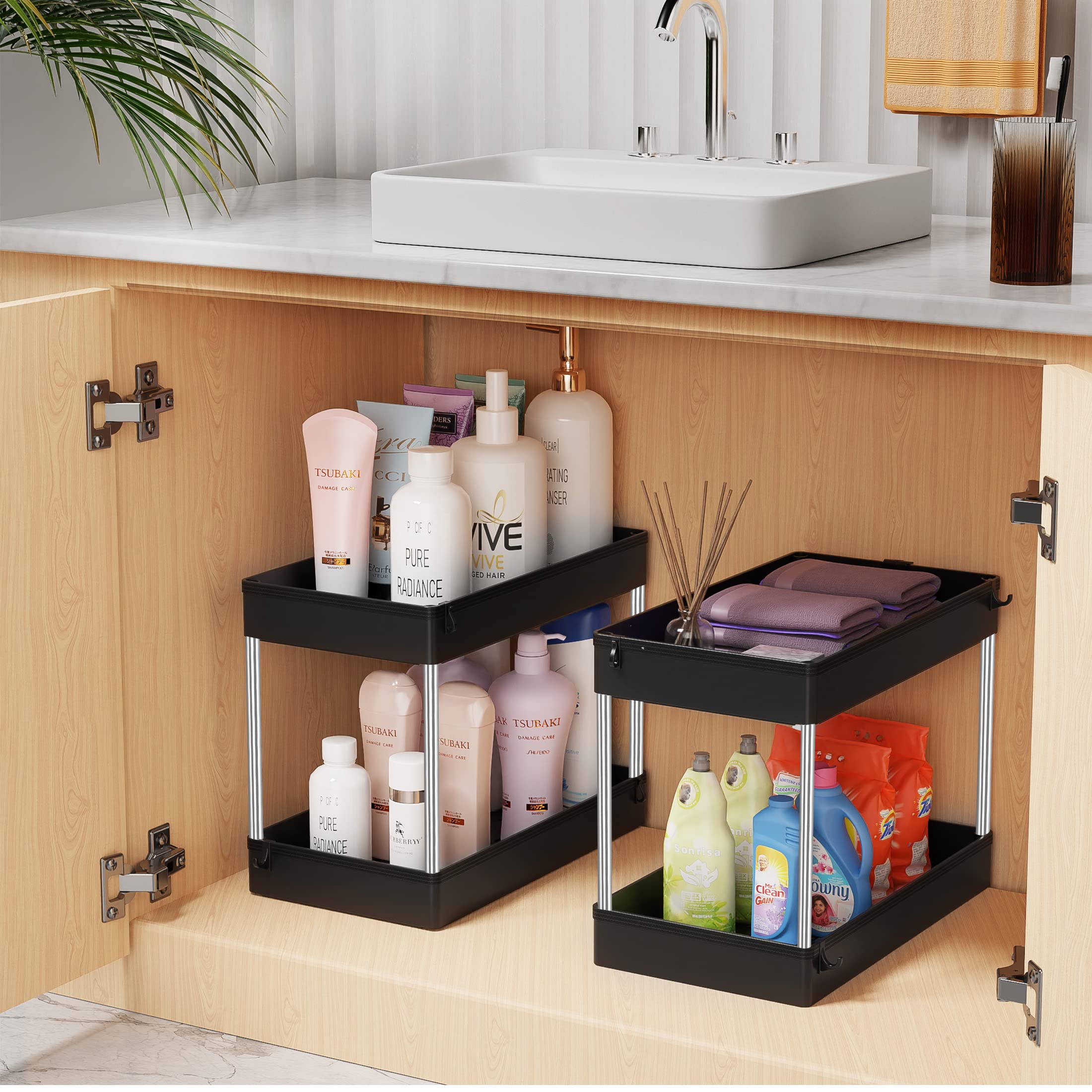 Ronlap 4 Tier Classic Storage Rolling Cart, Thin Storage Cart with Wheels Slide Out Storage Rolling Cart Organizer Plastic Utility Carts for Bathroom Laundry Room Kitchen Office Narrow Place, Black
