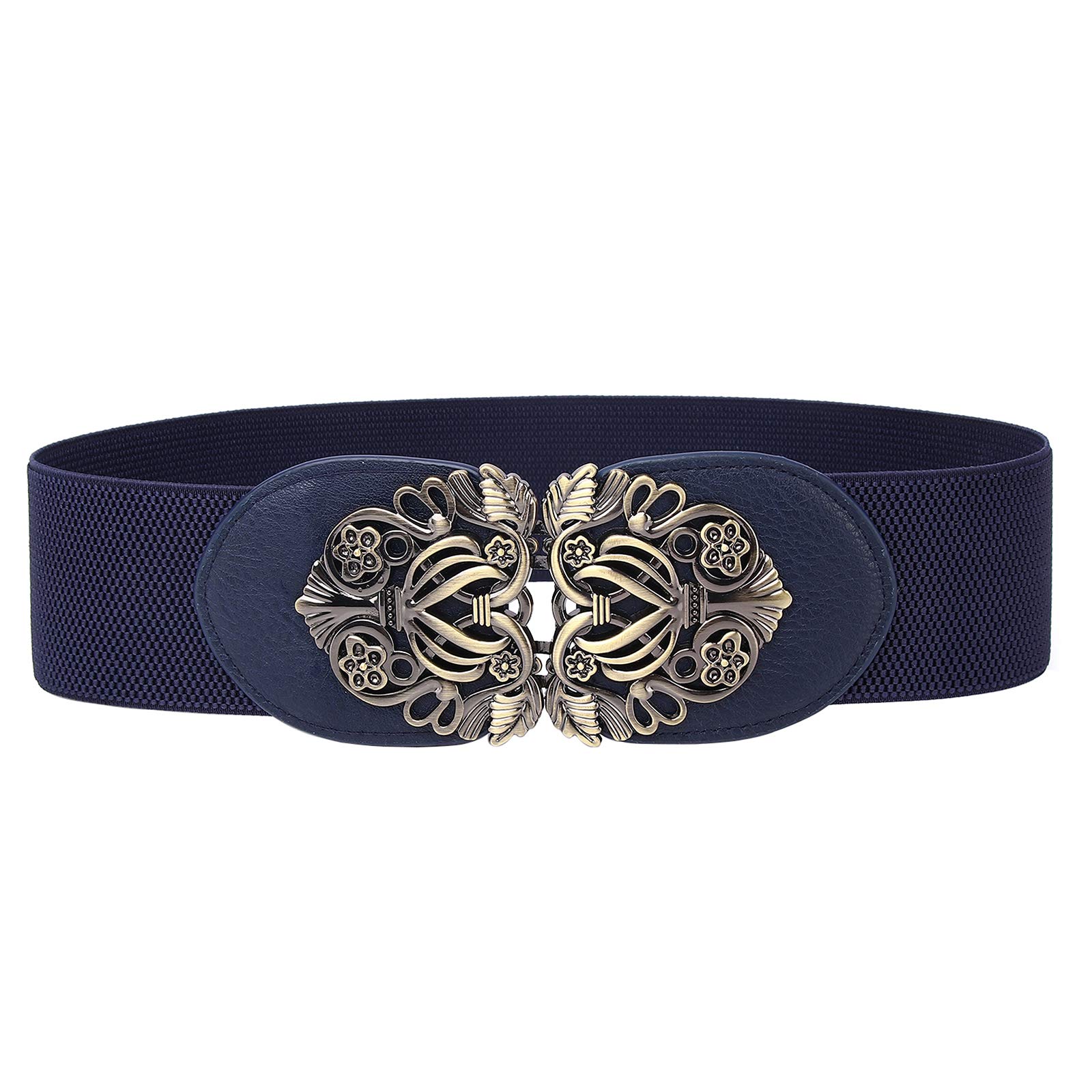 Syuer Women Retro Style Stretchy Waist Belt Vintage Elastic Wide Dress Belts (L-XL (31”-37”), Navy Blue)