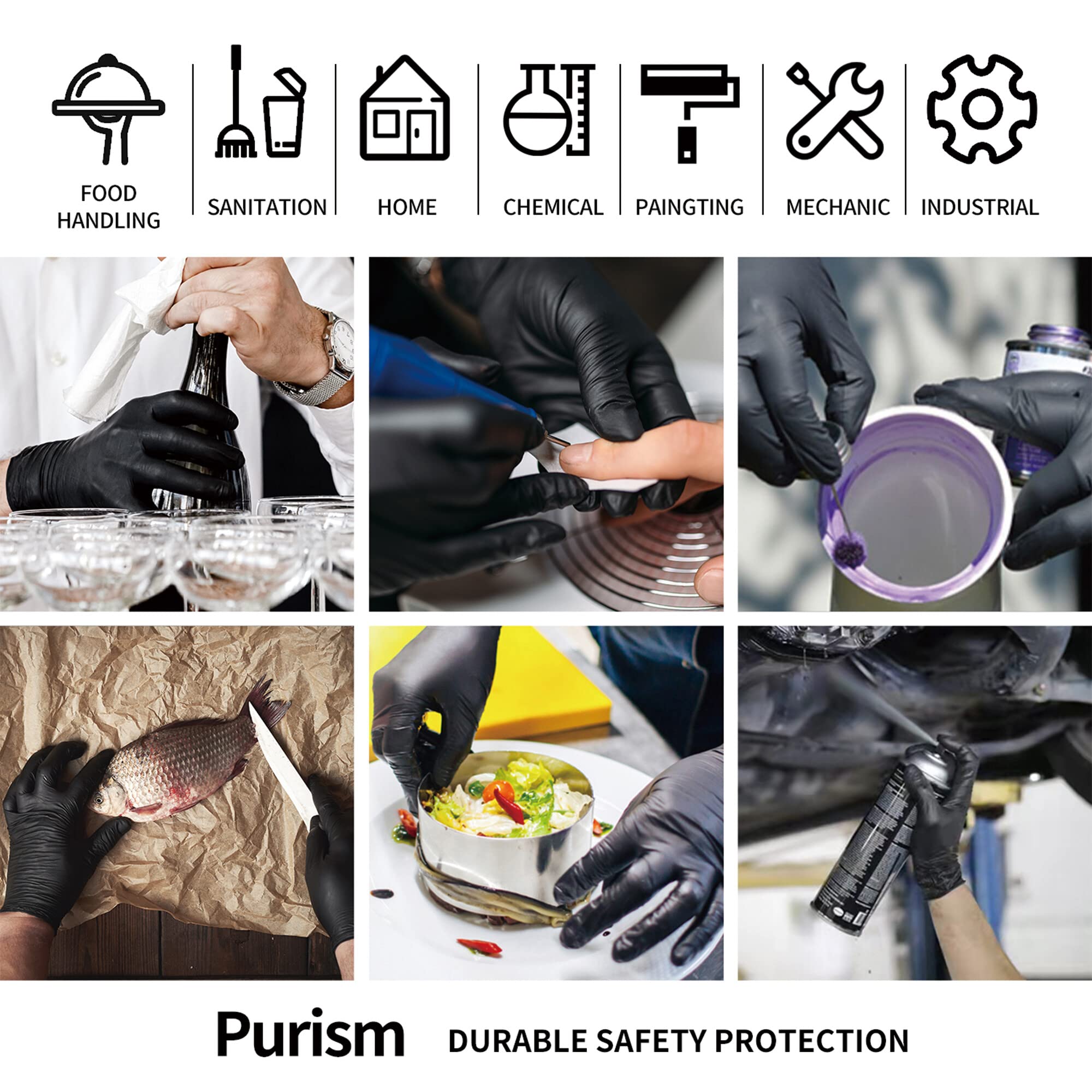 Purism Black Nitrile Gloves, 4mil, Size X-Large, 100 Pcs, Powder-free Latex free