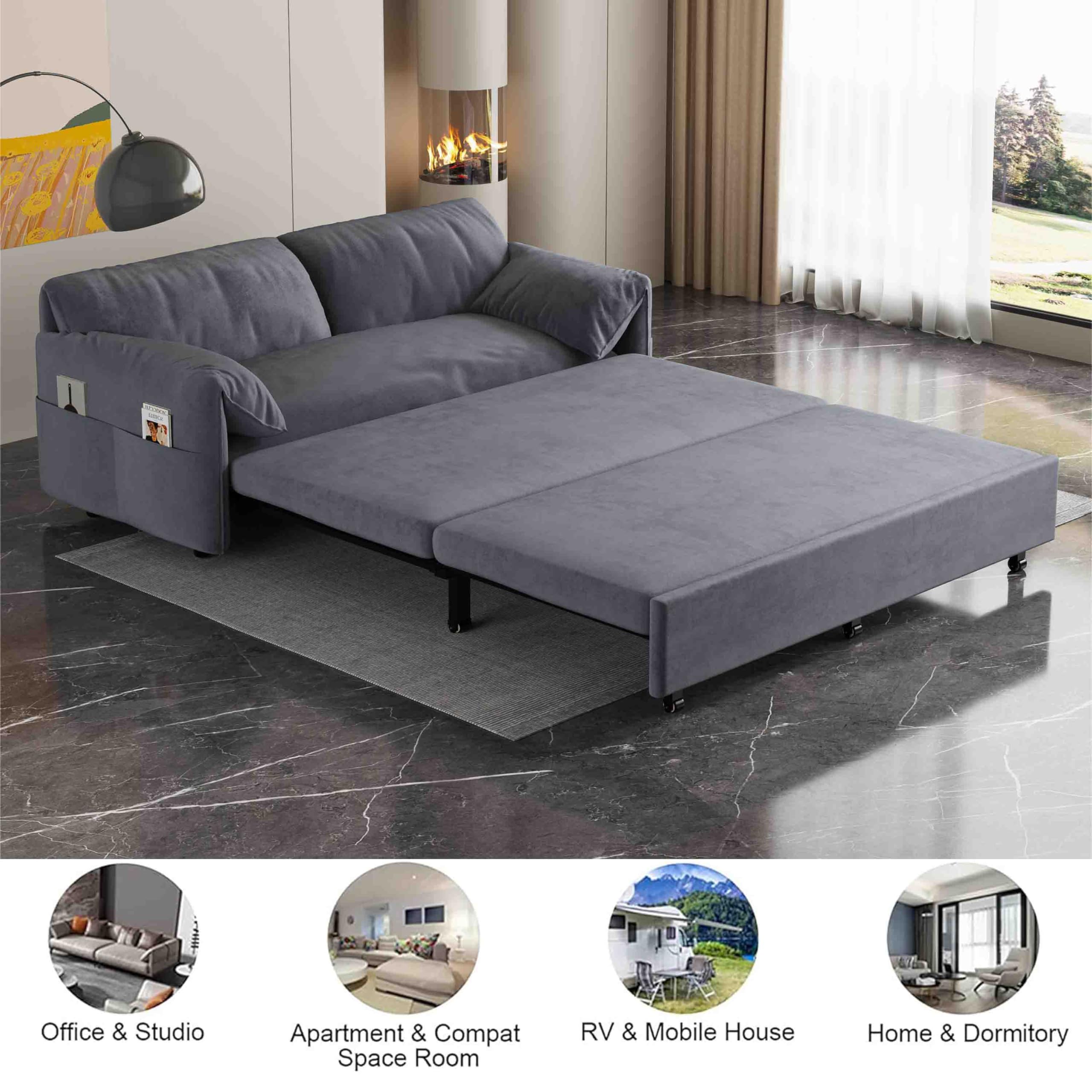 RIDFY 63.8" Queen Pull Out Sofa Bed, 3-in-1 Modern Love seat Bed, Convertible Sleeper Sofa Couch with Side Storage Pockets and Pillows, Velvet Deep Seat for Small Spaces,Apartment,Office,Grey-New