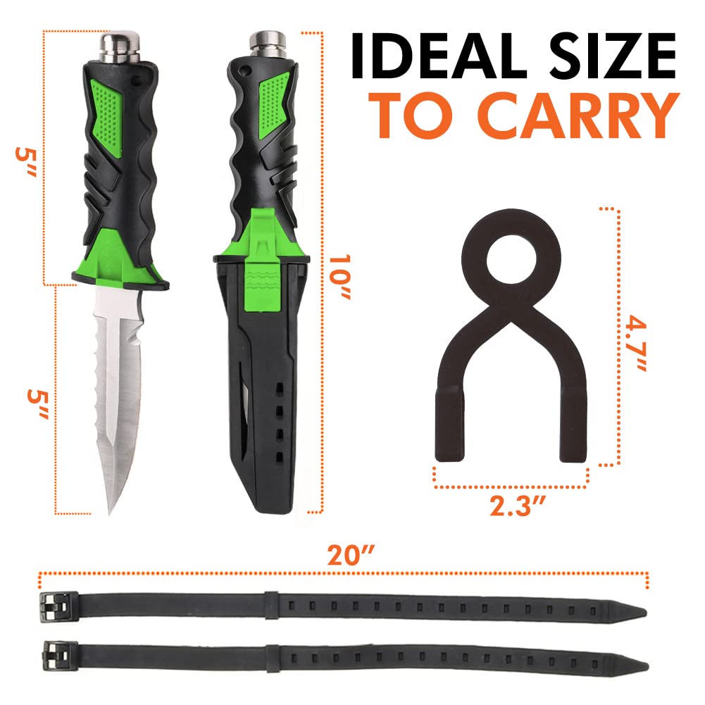 Scuba Diving Knife with Leg Strap Sheath and Silicone Strap, Double Edged Tactical Sharp Dive Stainless Steel Blade with Lock Release Button for Divers Snorkeling Spearfishing Hunting Hiking, Green
