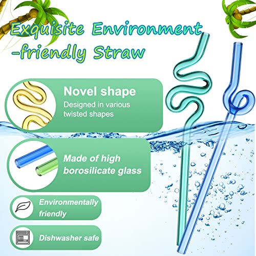 Yinkin 6 Pcs Wavy Glass Straws Reusable Curved Straw Shatter Resistant with 2 Cleaning Brushes Clear Silly High Borosilicate for Kids Adults Smoothies Juice (Colorful, 8 Inch)