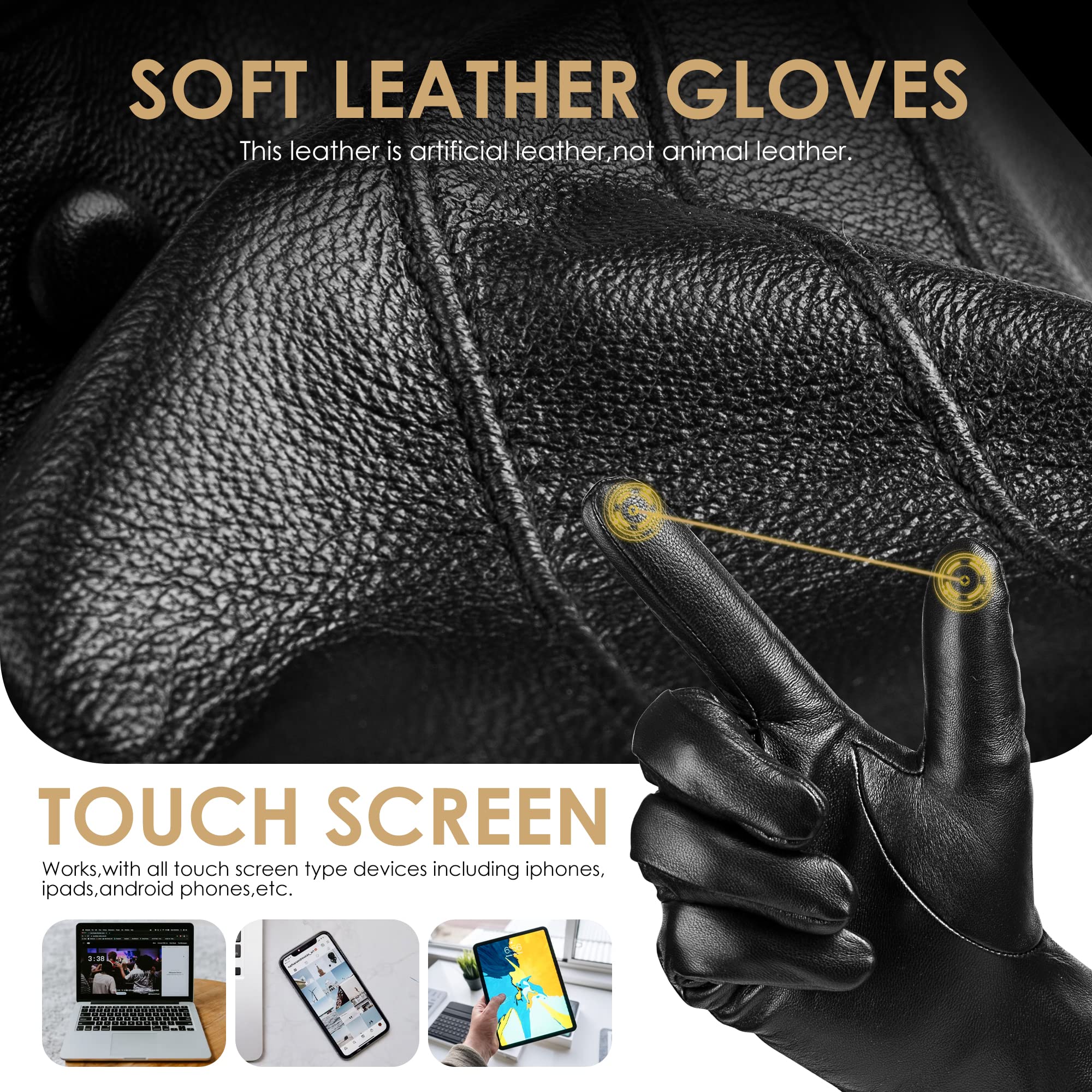 YMYLGDDW Leather Gloves for Men Winter Gloves Genuine Sheepskin Gloves Warm Wool Lining Driving Touch Screen Gloves