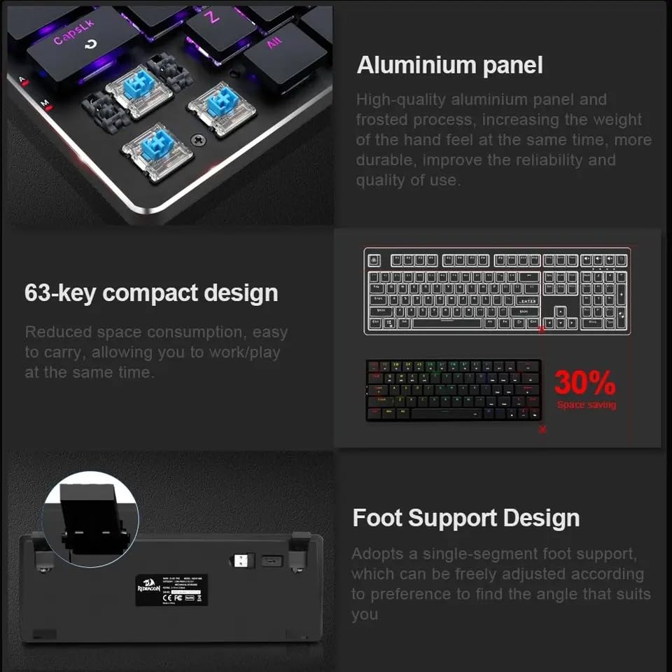 Redragon K624 60% Low Profile Slim Mechanical Gaming Keyboard Wired/Wireless 2.4G and Bluetooth hot swappable Slient Red Switches Backlit RGB with White Black 2 Sets of Keycap